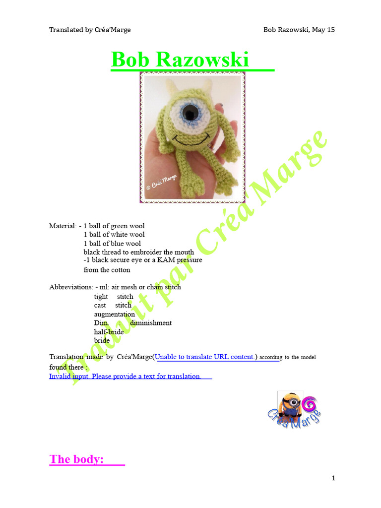 Bob-Razowski Amigurumi Pattern | PDF | Embroidery | Needlework
