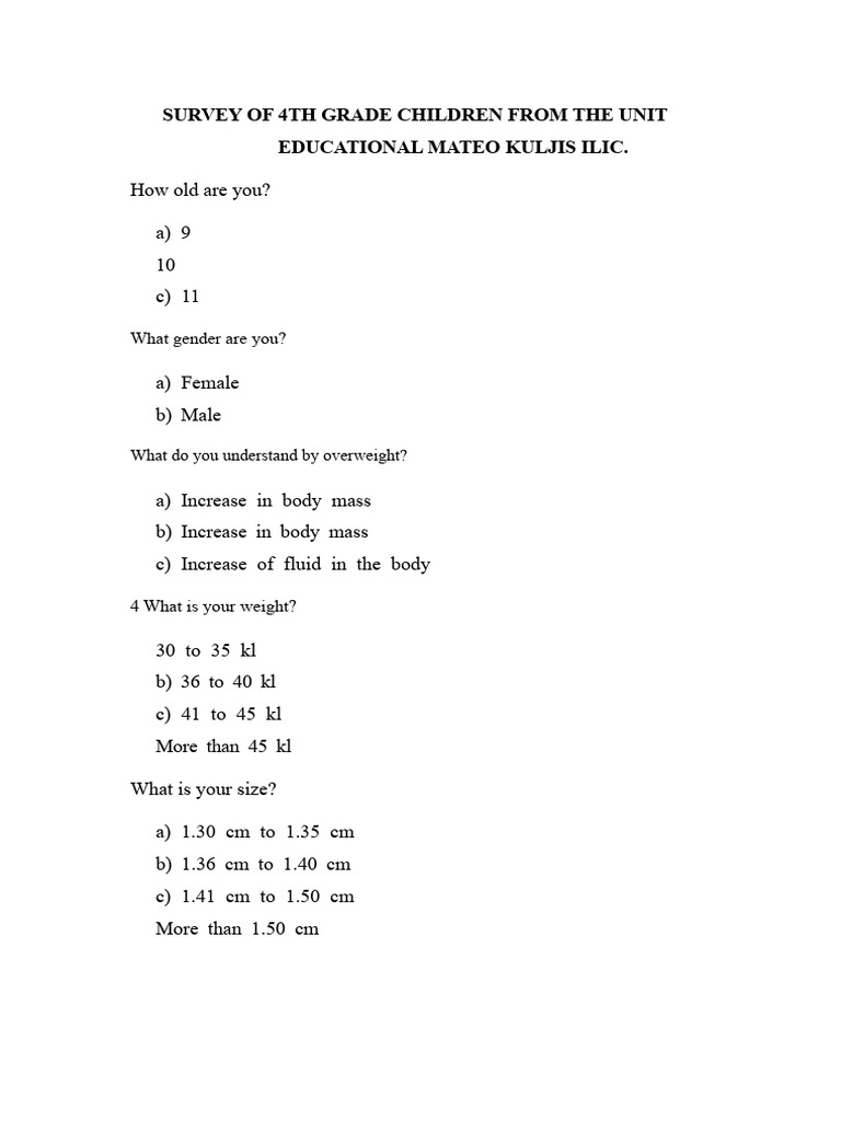 4th Grade Children's Health Survey Results | PDF