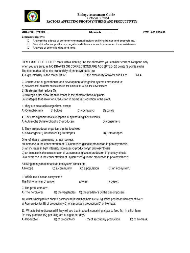 Biology Assessment: Photosynthesis Factors | PDF | Photosynthesis | Plants
