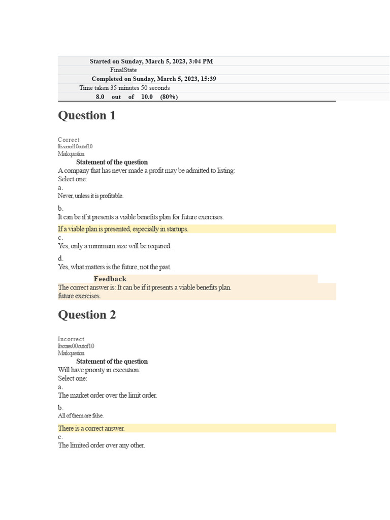 Stock Market Quiz Results and Feedback | PDF | Securities (Finance ...