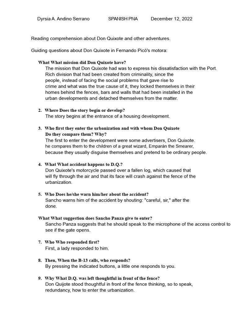 Reading Comprehension About Don Quixote in Motorized and Other ...