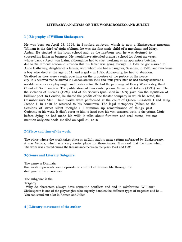LITERARY ANALYSIS OF THE WORK ROMEO AND JULIET (Final Analysis) | PDF ...