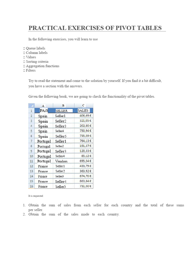 Pivot Table Exercises for Sales Analysis | PDF