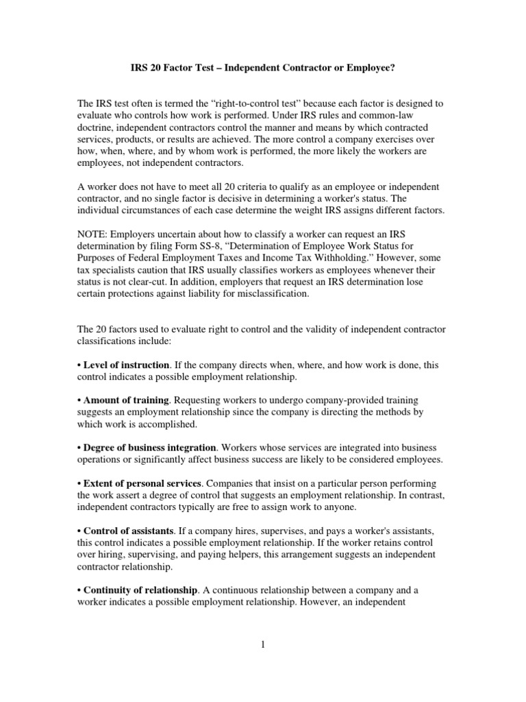 20 Factor Test For Independent Contractors | PDF | Independent ...