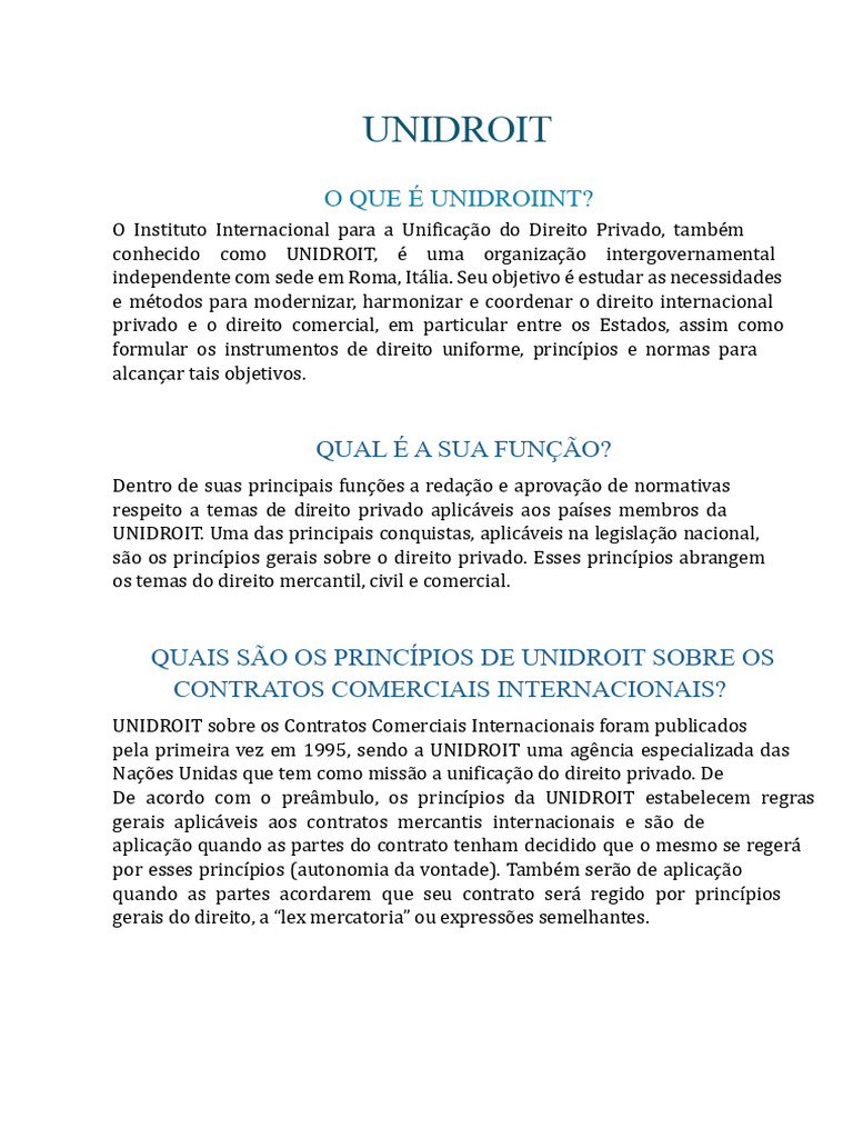 O que é UNIDROIT e seus princípios jurídicos | PDF