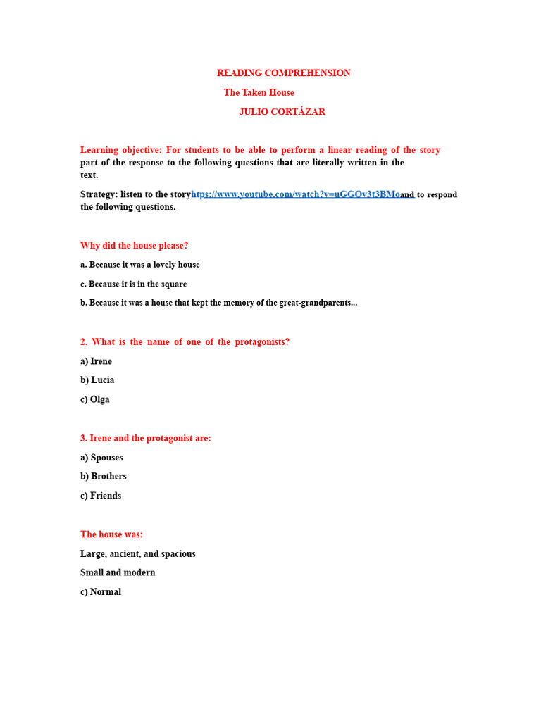 Reading Comprehension, Casa Tomada, Cortázar | PDF