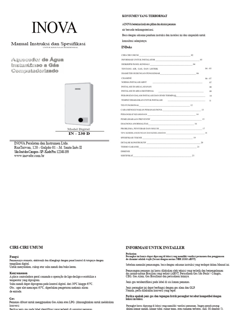 Manual Pemanas Inova IN-230 D | PDF