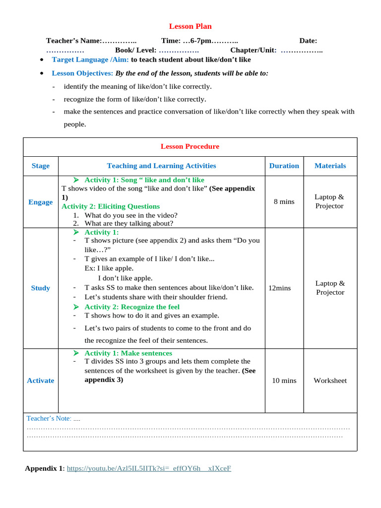 Lesson Planing of Like and Don't Like | PDF | Behavior Modification ...