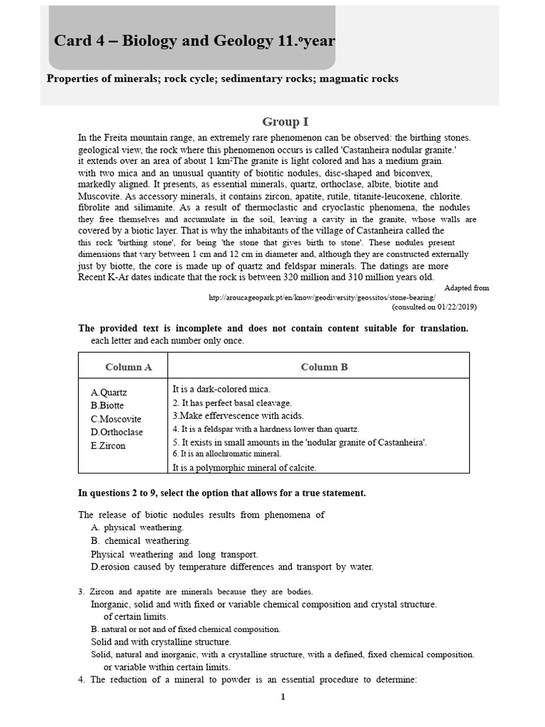 Sheet 4 - Properties of Minerals Rock Cycle Sedimentary Rocks Igneous ...