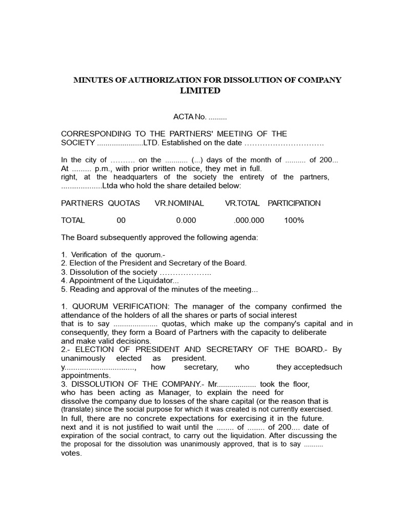 Minutes of Authorization For Dissolution of Limited Liability Company ...