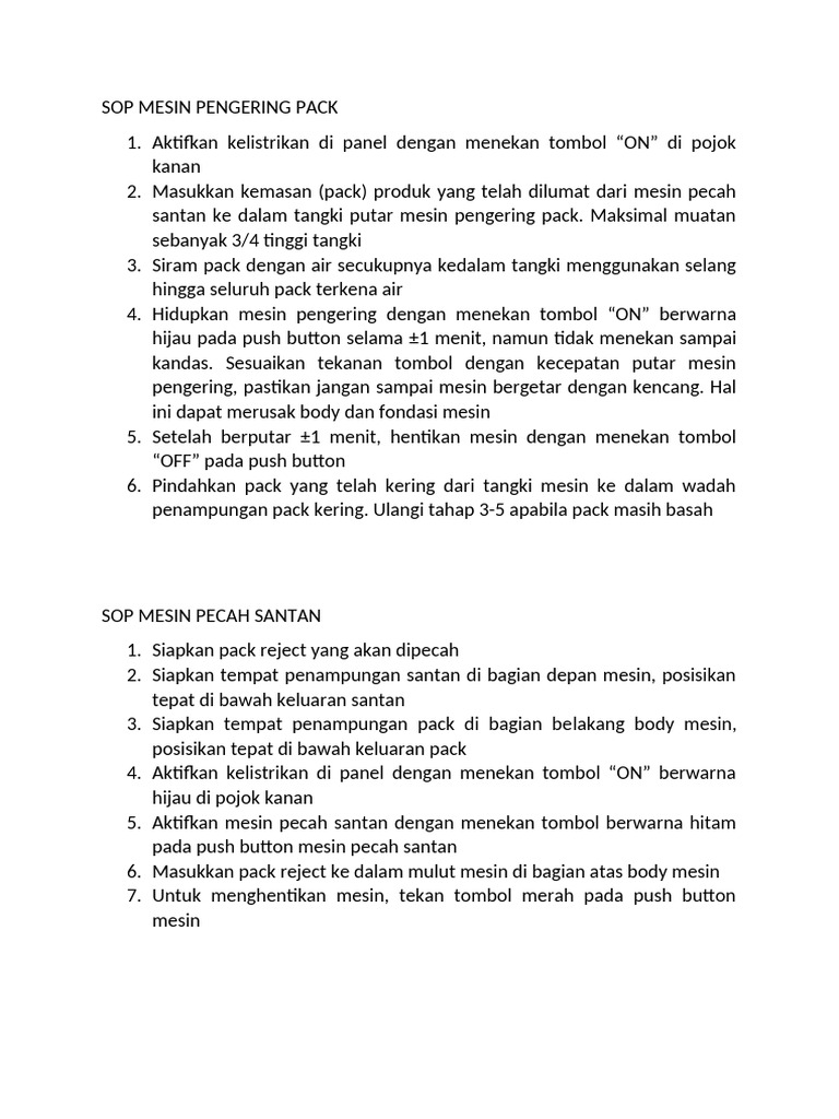SOP Penggunaan Mesin Pengering dan Pecah Santan | PDF