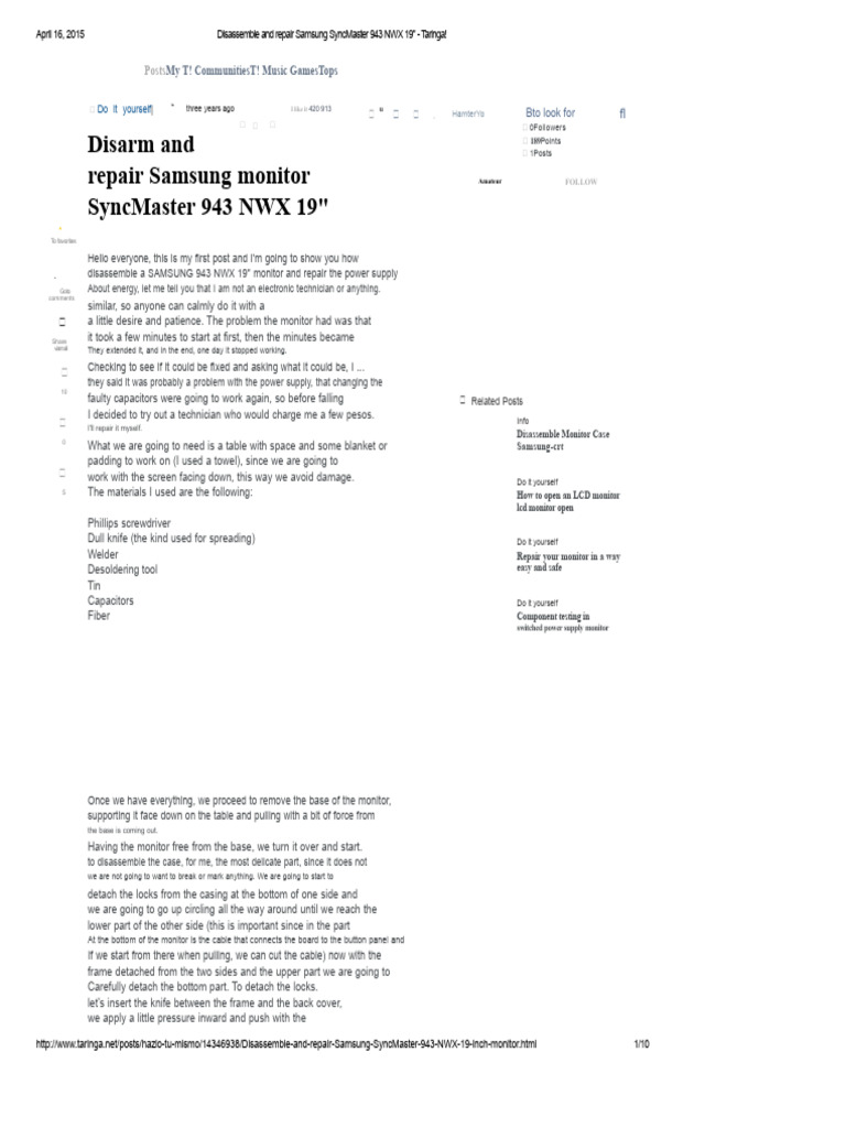 Disassemble Samsung SyncMaster 943 | PDF | Computer Monitor ...
