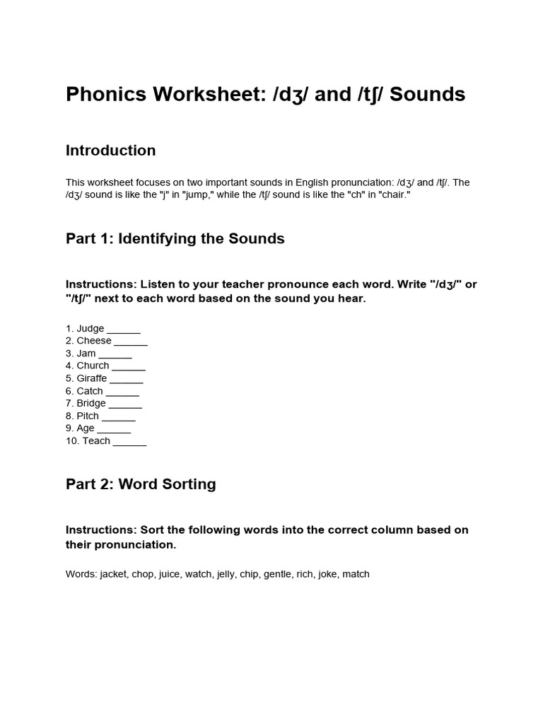 Phonics: /dʒ/ and /tʃ/ Sounds Worksheet | PDF