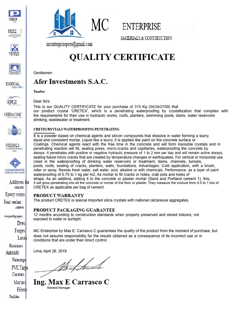 Certificate of Quality. Afer Investments, Cretex, April 26, 2019 | PDF