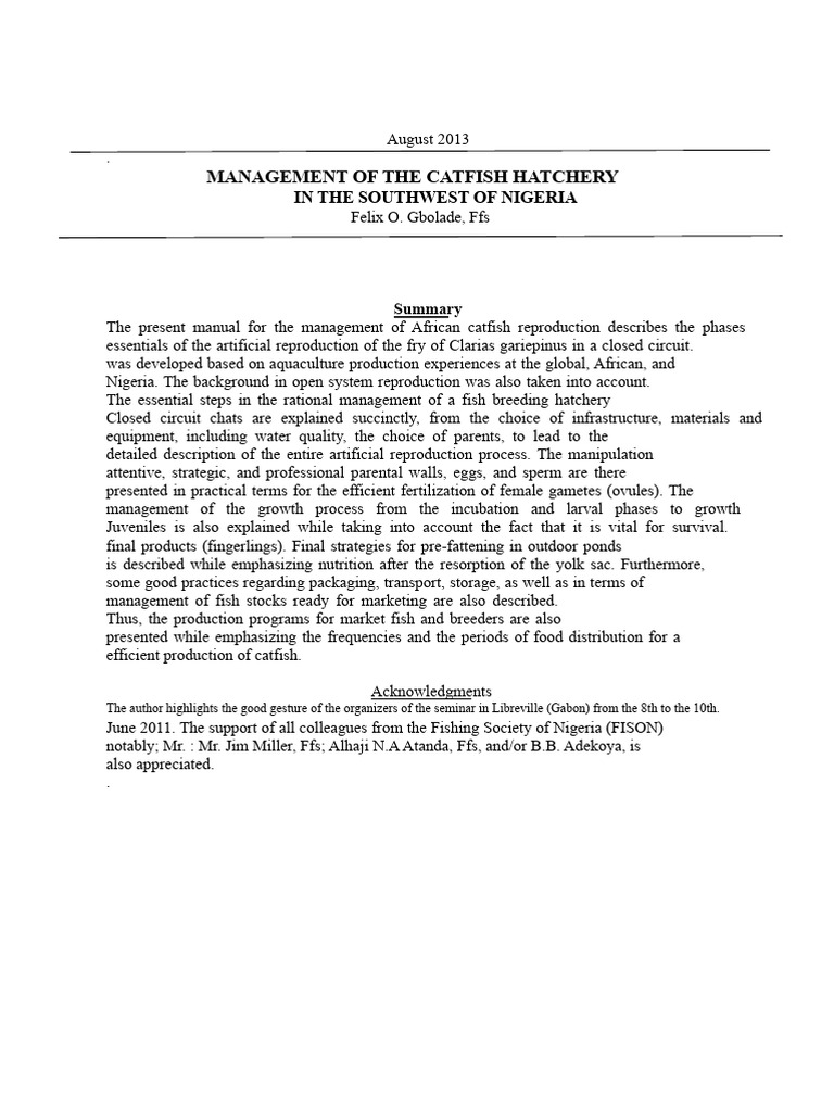 Catfish Hatchery Management Guide | PDF | Water | Reproduction