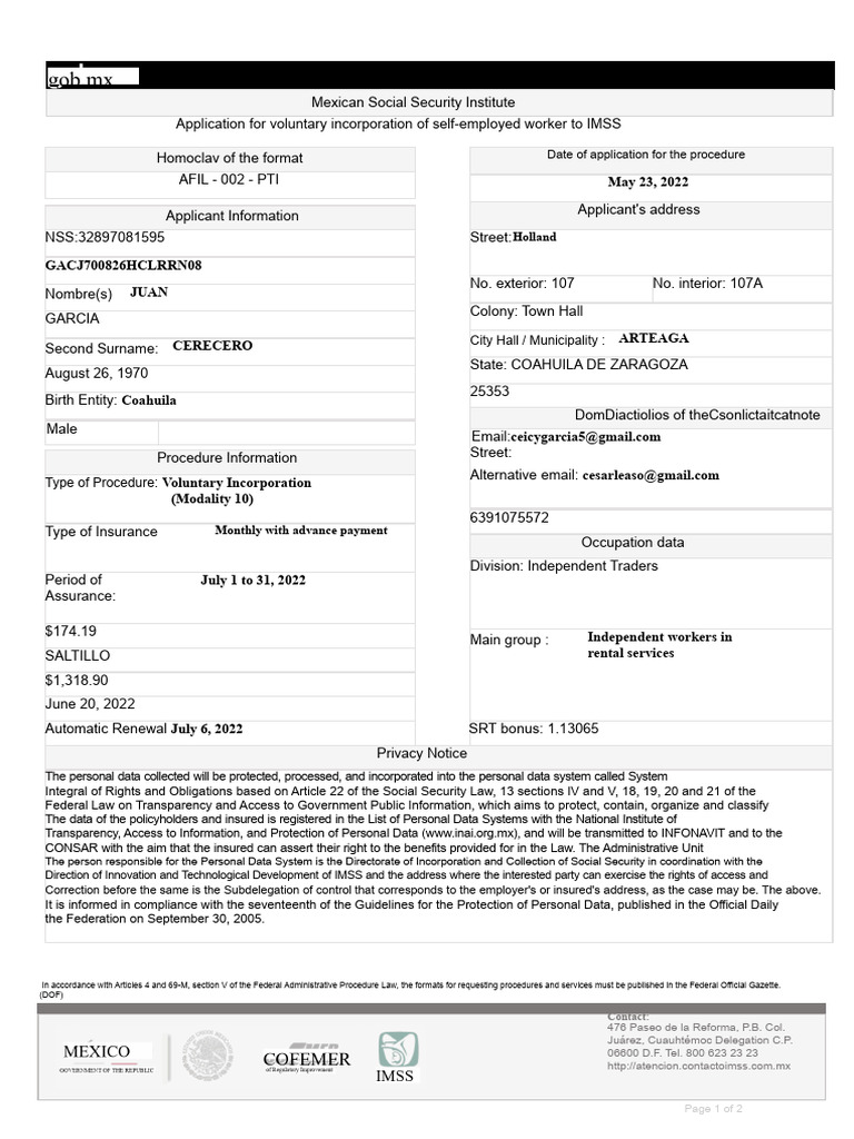 IMSS Voluntary Registration for Self-Employed | PDF | Government