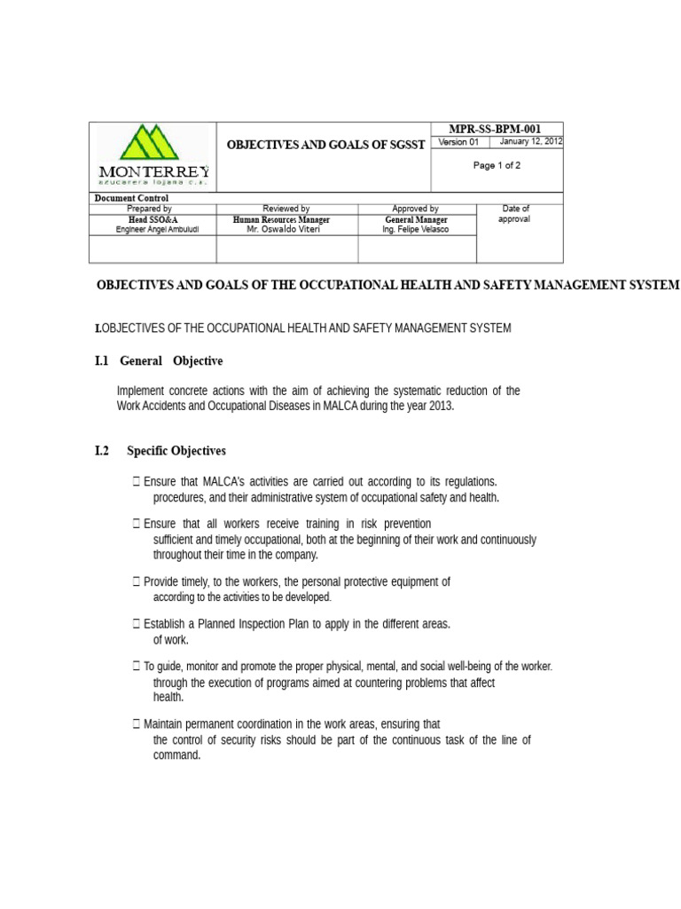 SGSST Objectives for Workplace Safety | PDF | Occupational Safety And ...