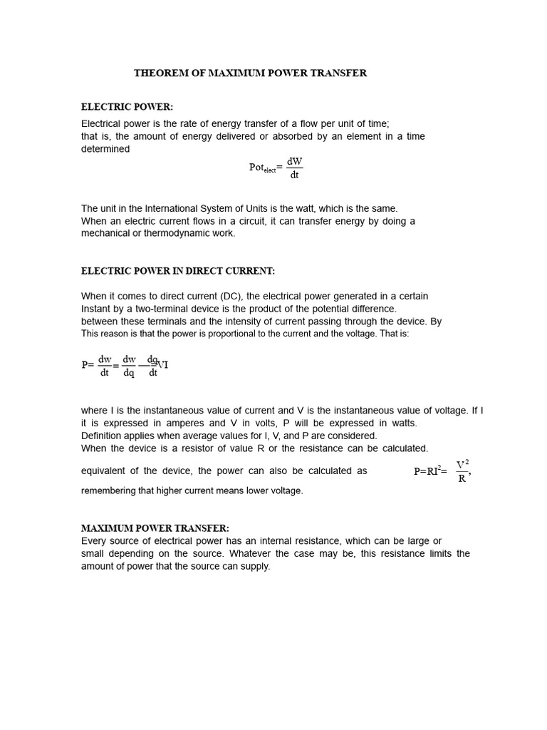 The Maximum Power Transfer Theorem | PDF | Power (Physics) | Electric Power