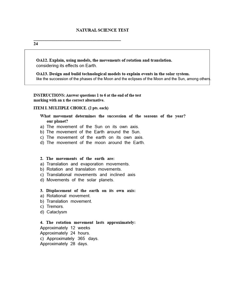 Natural Sciences Test On Rotation and Translation Movements. | PDF