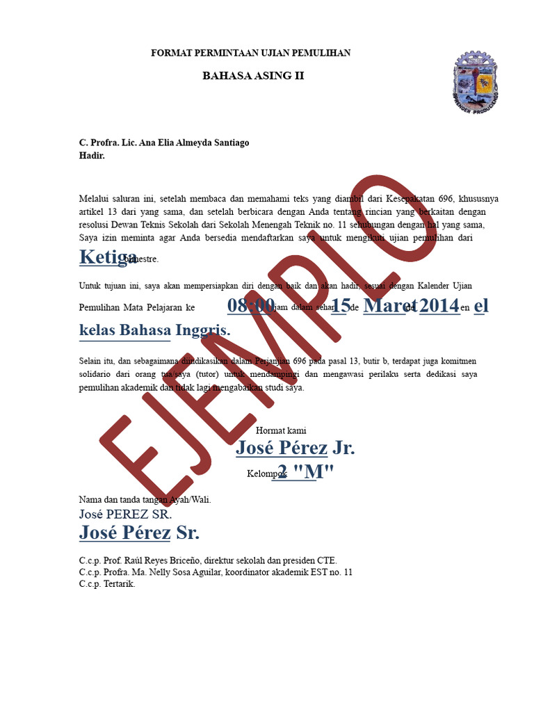 FORMAT Contoh PERMOHONAN UJIAN PEMULIHAN | PDF