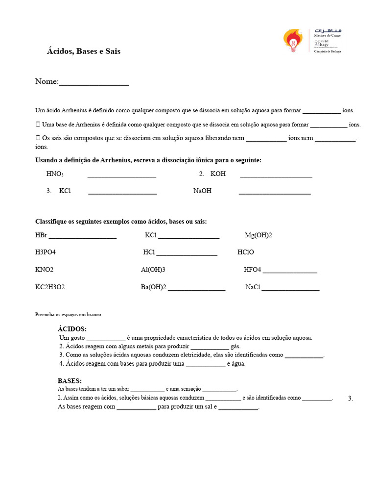 Folha De Exercícios Sobre ácidos Bases E Sais 1 Pdf ácido Sal
