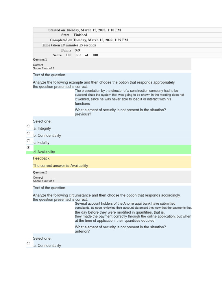 Cybersecurity Elements Analysis Quiz | PDF | Information Security ...
