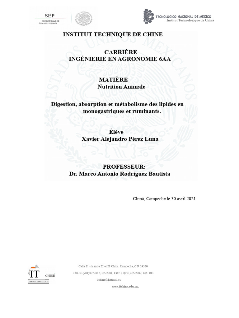 Absorption, Digestion Et Métabolisme Des Lipides, Monogastriques Et ...
