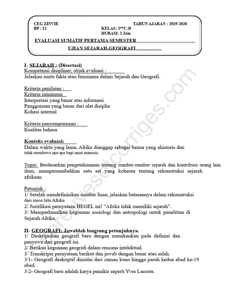 Tugas Pertama Semester Pertama Sejarah-Geografi Kelas 2 CD 2019-2020 Ceg Zinvie | PDF