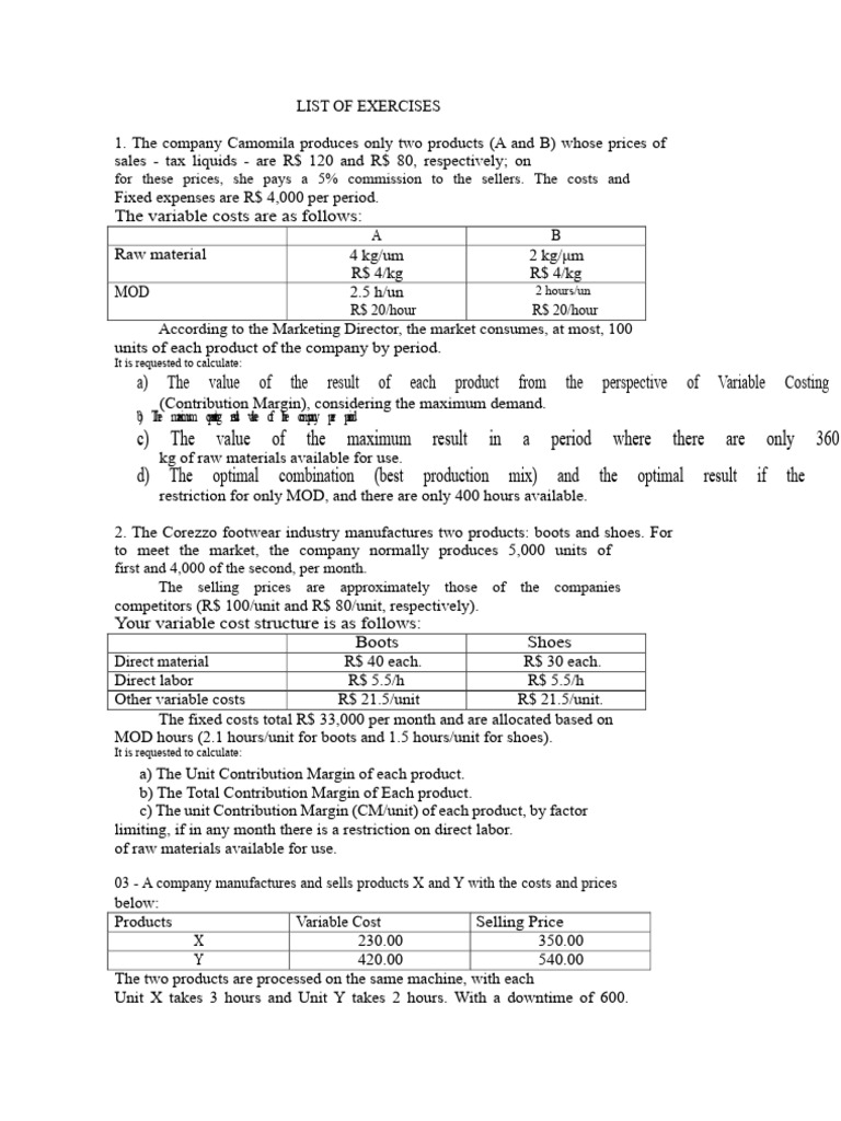 Contribution Margin Exercise List With Limiting Factor 2018 | PDF ...