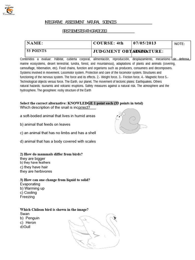 4th Grade Natural Sciences Assessment | PDF | Water | Liquids