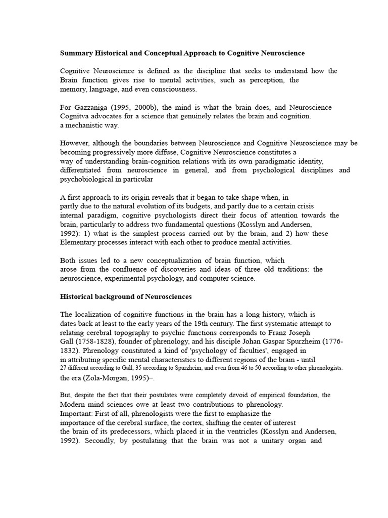 Summary Historical and Conceptual Approach To Cognitive Neuroscience ...