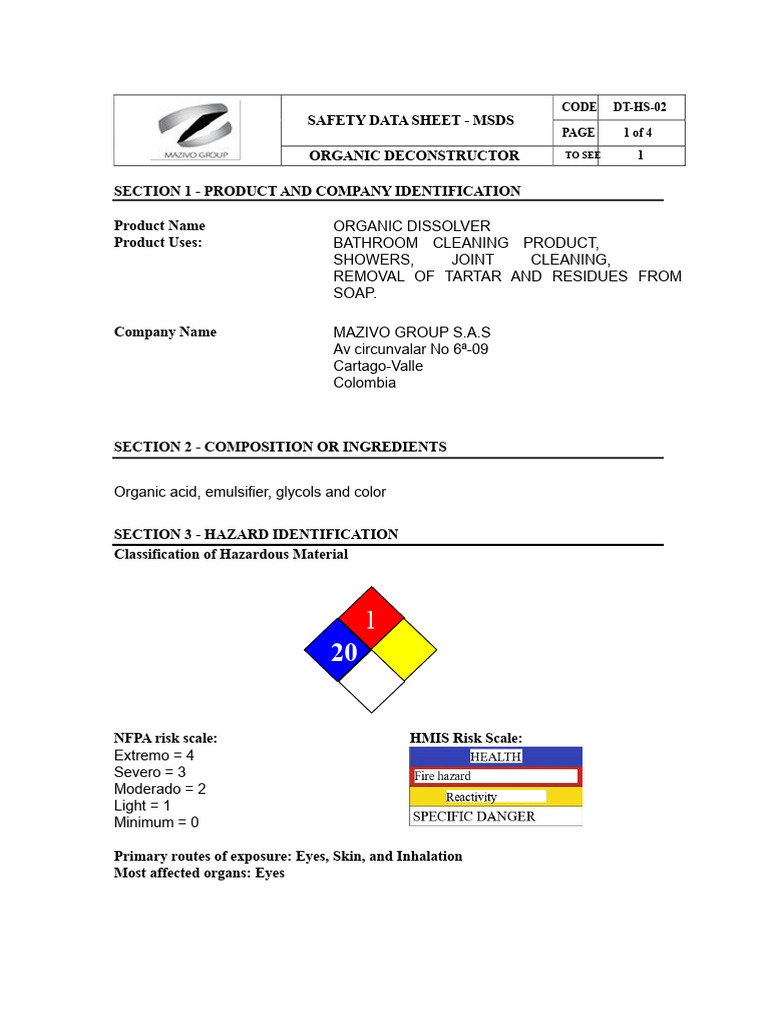 Safety Data Sheet For Organic Stain Remover REMOSEN | PDF