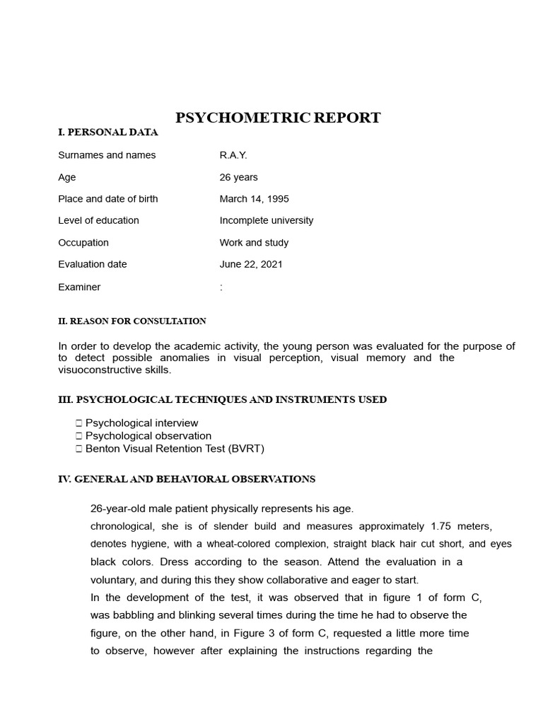 Psychometric Report - Benton Visual Retention Test (BVRT) | PDF ...