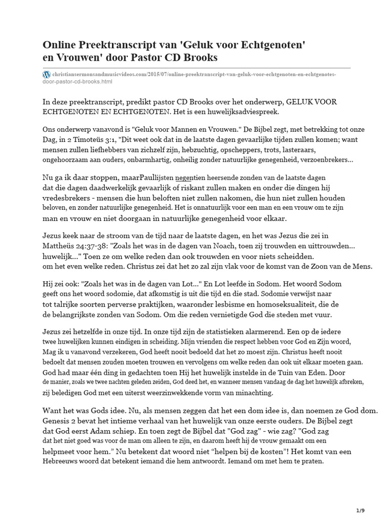 SDA Preek Transcript: Geluk Voor Echtgenoten Door Dr. CD Brooks | PDF