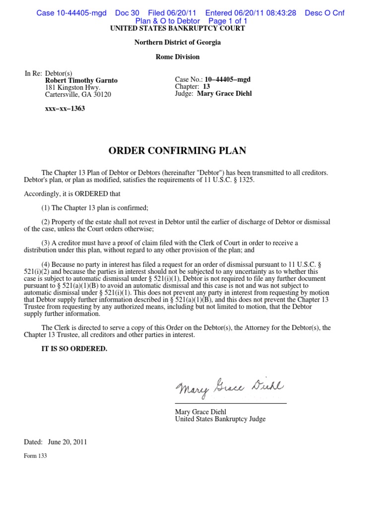 Chap 13 Order Confirming Plan | PDF | Chapter 13 | Bankruptcy In The ...