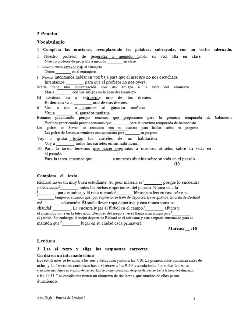 Prueba de Vocabulario y Comprensión | PDF