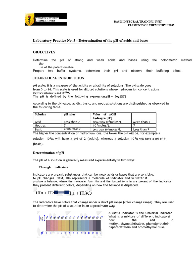 Laboratory Practice No. 3 Determination of The PH of Acids and Bases ...