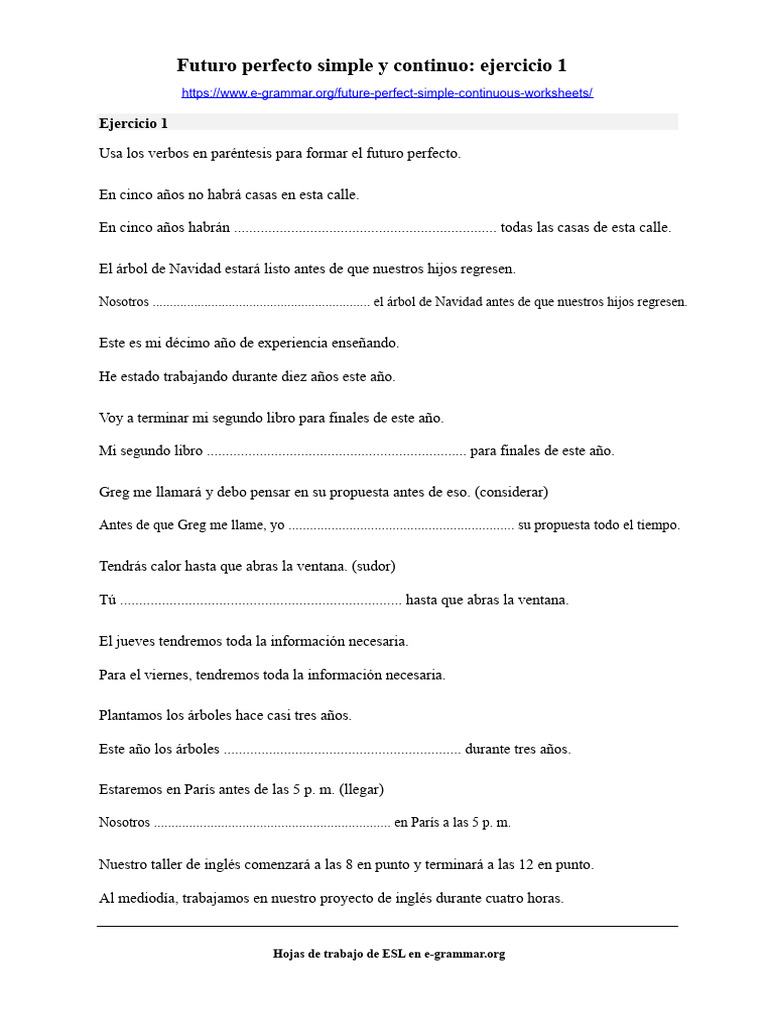 Ejercicio 1 Del Futuro Perfecto Simple Continuo | PDF