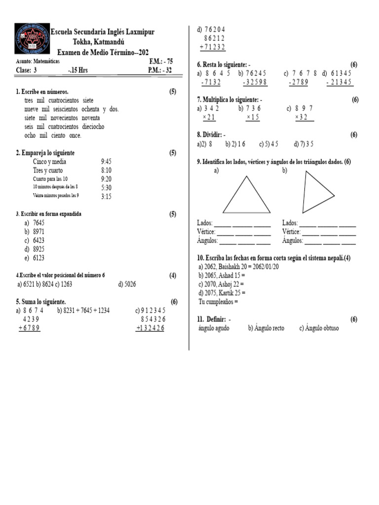 Clase de Matemáticas 3er Grado Exámenes Parciales | PDF | Matemáticas ...