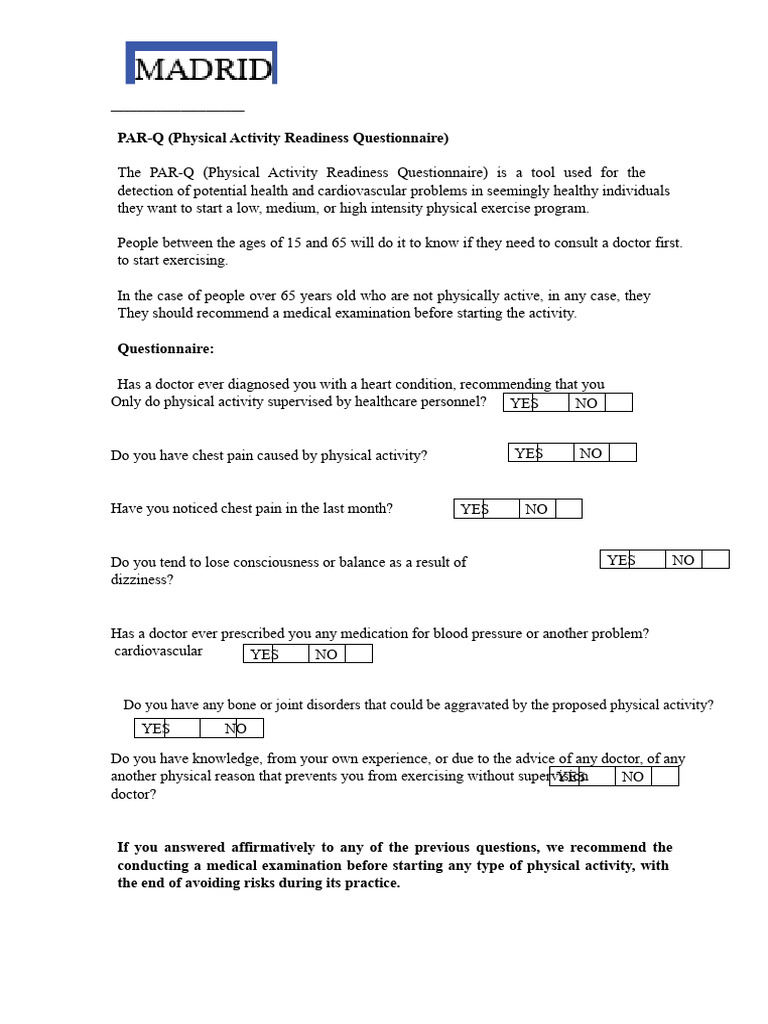 PAR-Q (Physical Activity Readiness Questionnaire) | PDF