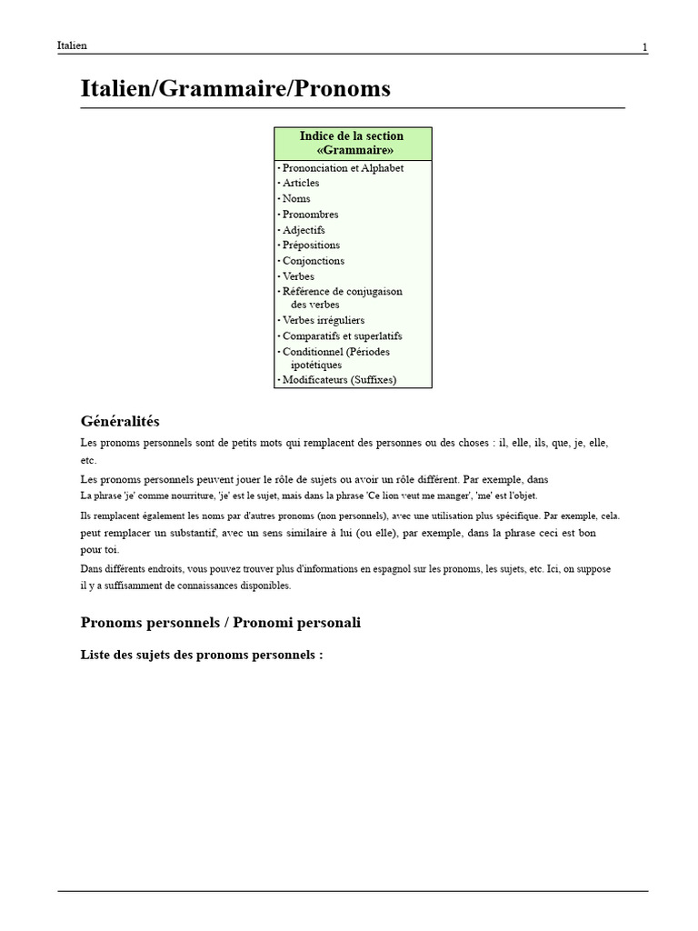 Pronoms personnels en italien PDF | PDF | Pronom | Genre grammatical