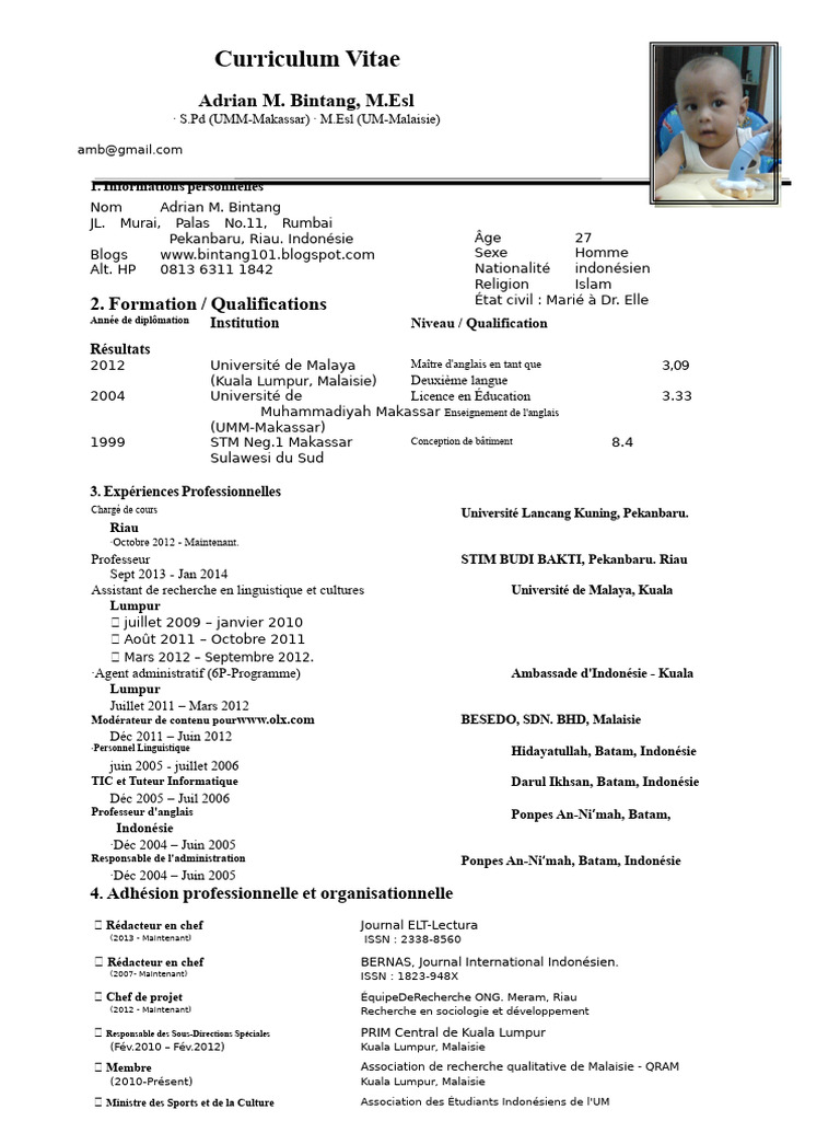 CV d'Adrian M. Bintang, Professeur d'Anglais | PDF | Malaisie | Indonésie