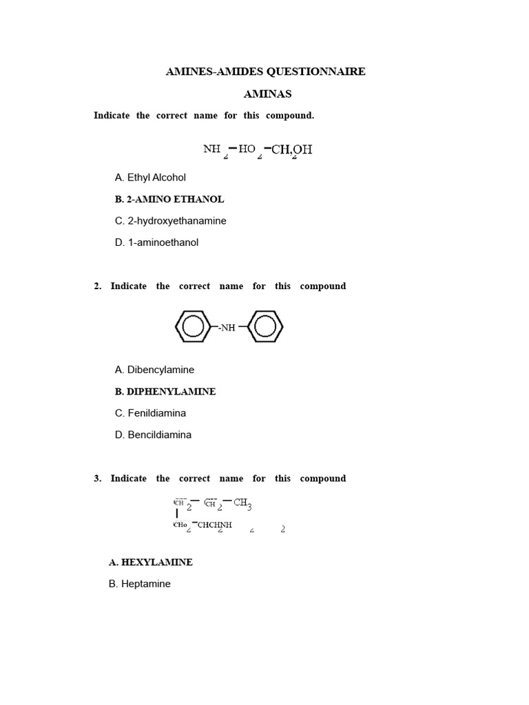 Amines and Amides Questionnaire Guide | PDF | Amine | Amide