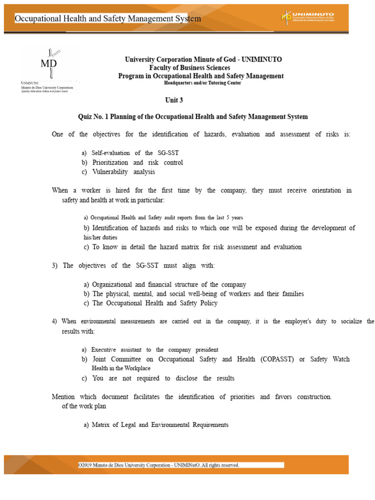 Occupational Health Quiz for UNIMINUTO | PDF | Occupational Safety And ...