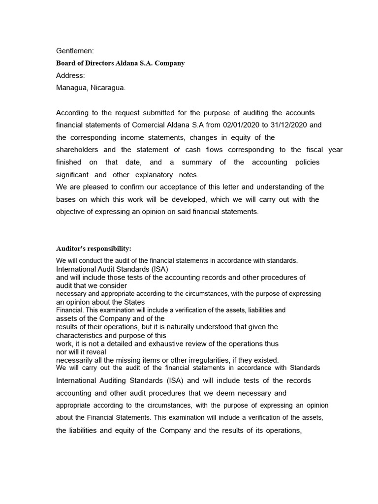 Commitment Letter Based On ISA 210 | PDF | Audit | Internal Control