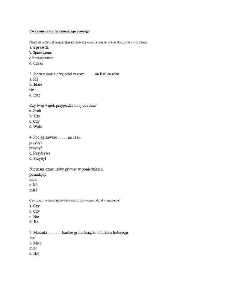 Ćwiczenie Czasu Teraźniejszego Prostego | PDF
