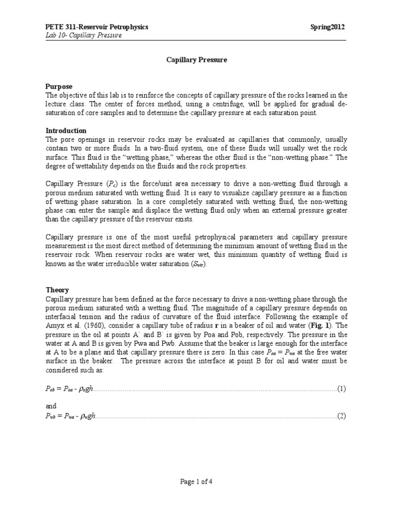 PETE 311 12A Lab 10 Manual | PDF | Wetting | Pressure