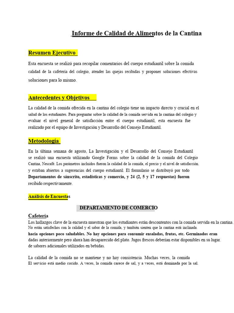 Informe de Calidad de Comida de La Cantina (3 Dep.) | PDF | Alimentos ...