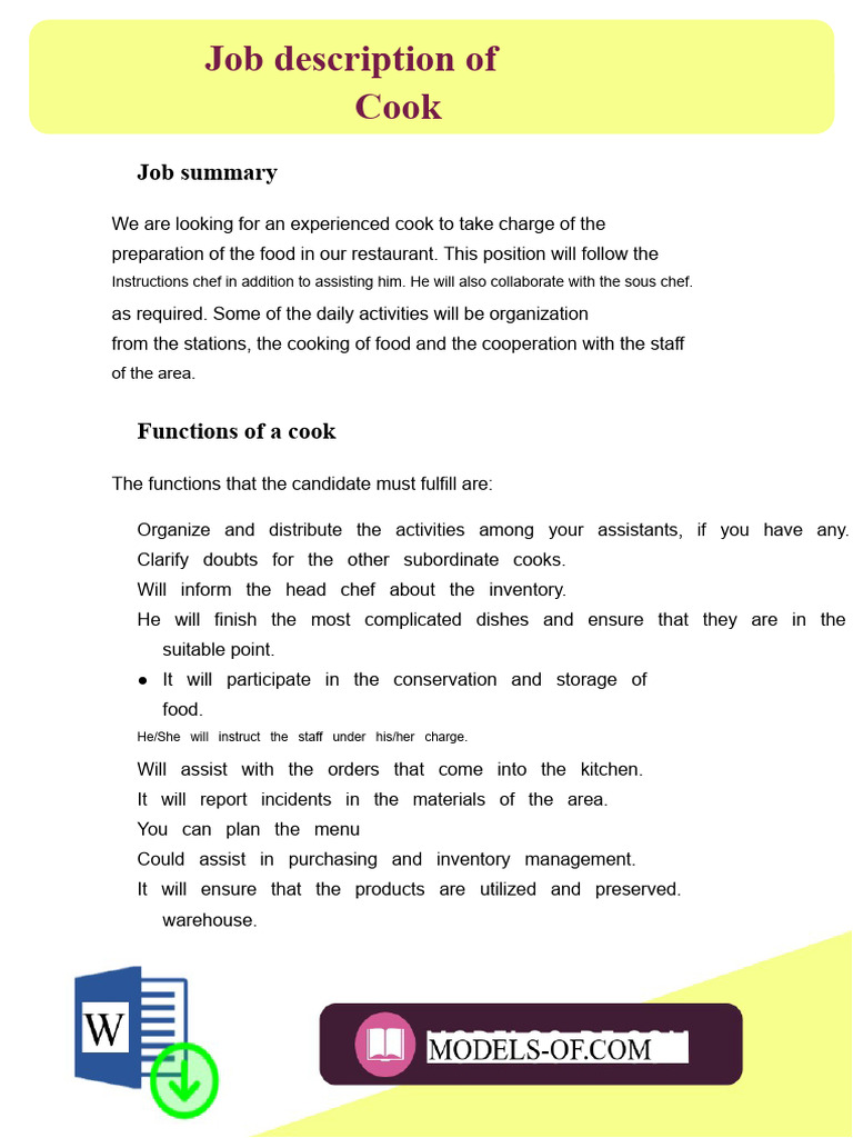 Job Description of A Cook | PDF