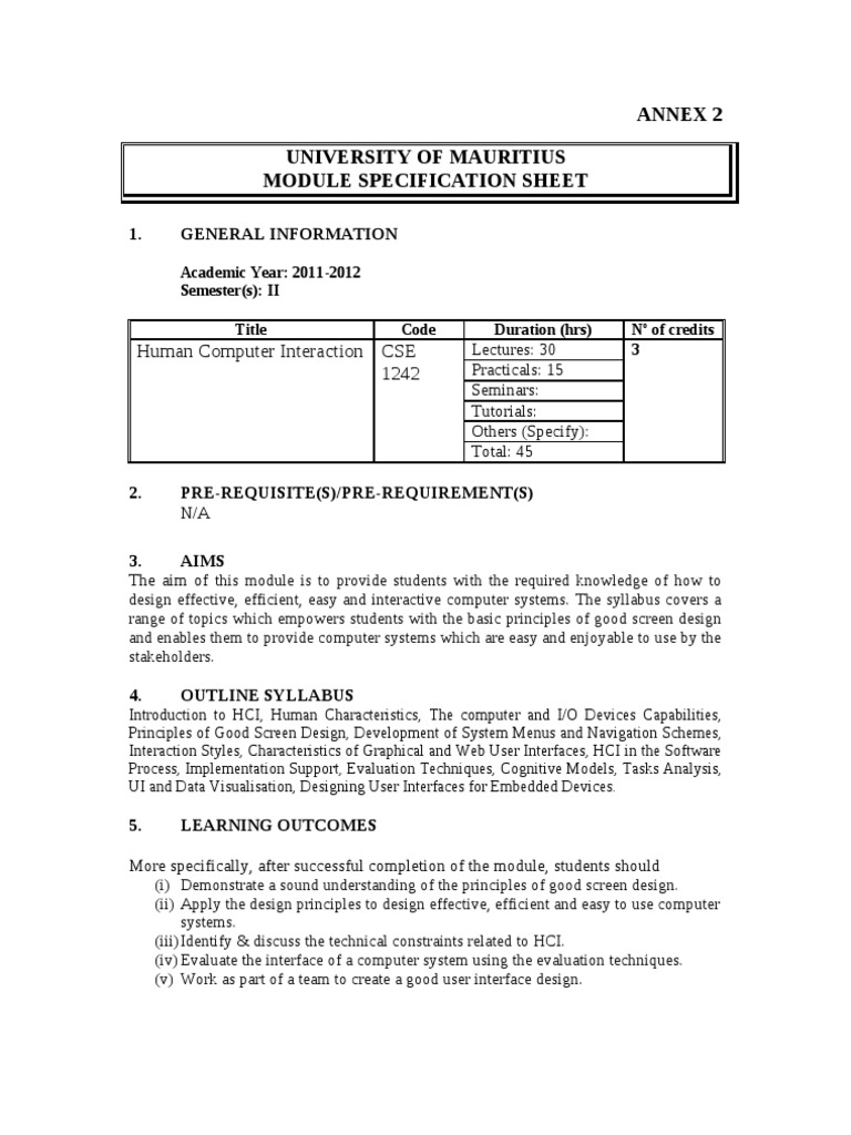 Module Specification Sheet 2012 | PDF | Human–Computer Interaction ...